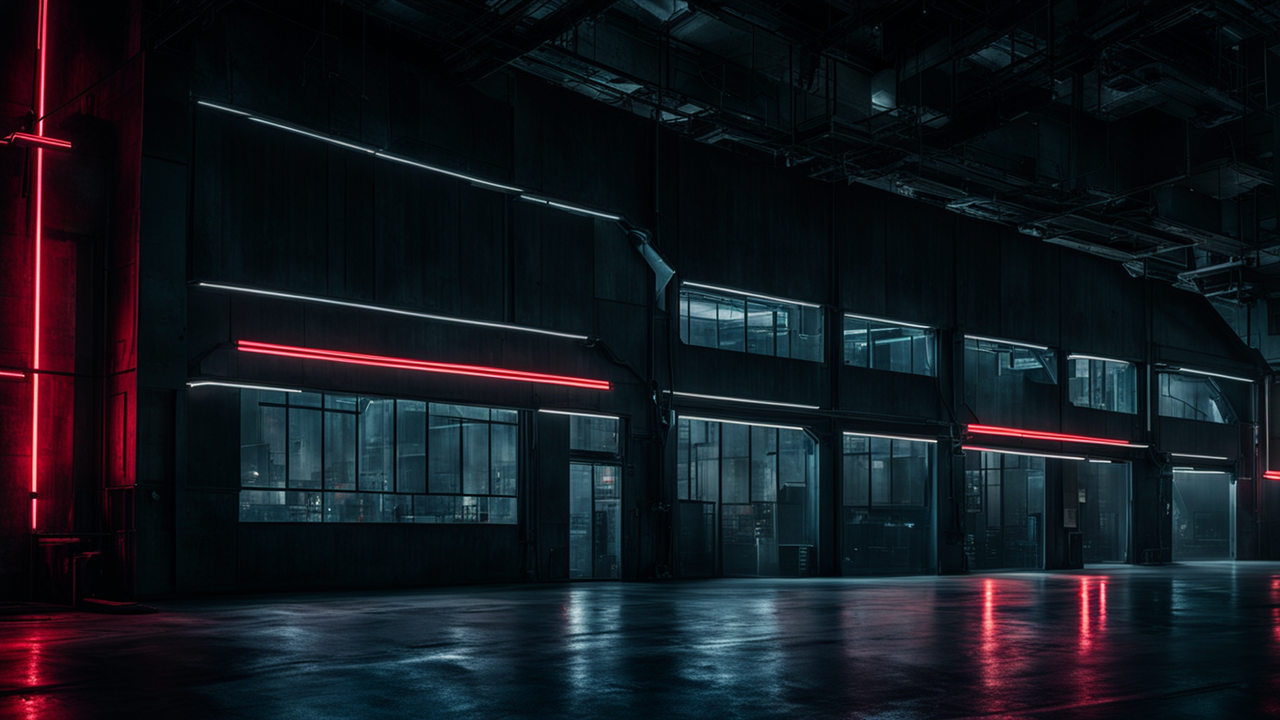 Dark and moody scene. Exterior of a Futuristic sci-fi wareho... by ...