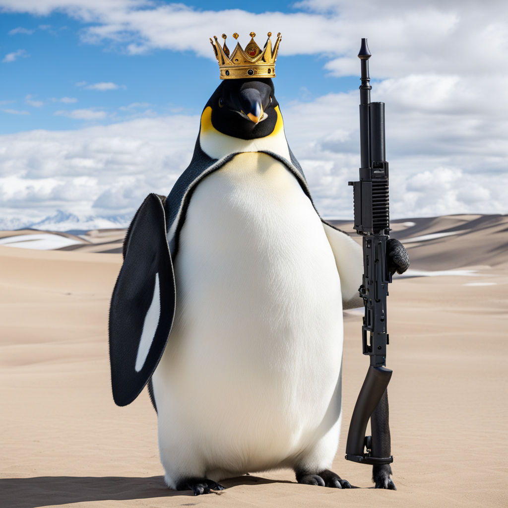 Emperor penguin with a gun and a crown by りしれ供さ小mentally retarded ...