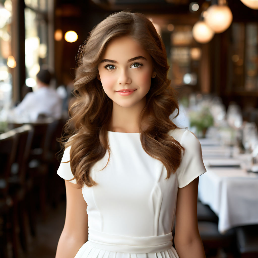 Young girl with brown hair and white dress entering the rest... by ...
