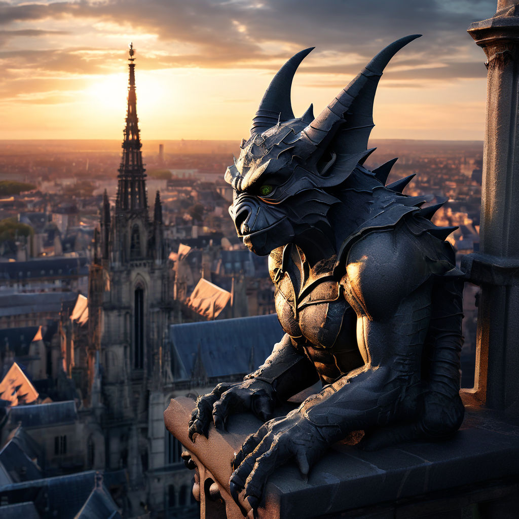 A gargoyle on a cathedral overlooking a city by Frank Morlock - Playground