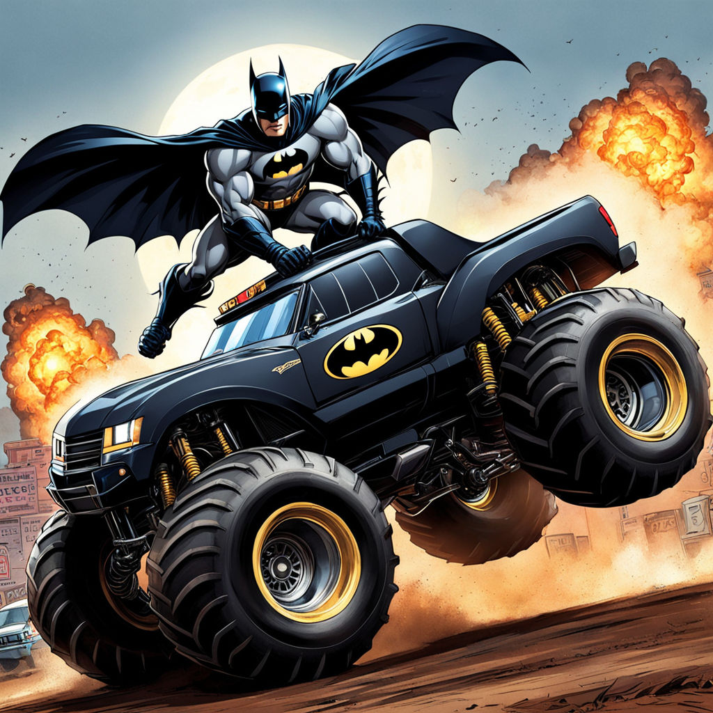 Batman driving a monster truck over Iron Man by DUSTIN ROBINSON - Playground