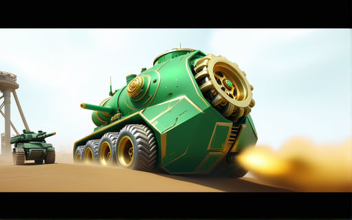 A green and gold tank buster with giant wheels by james hill - Playground