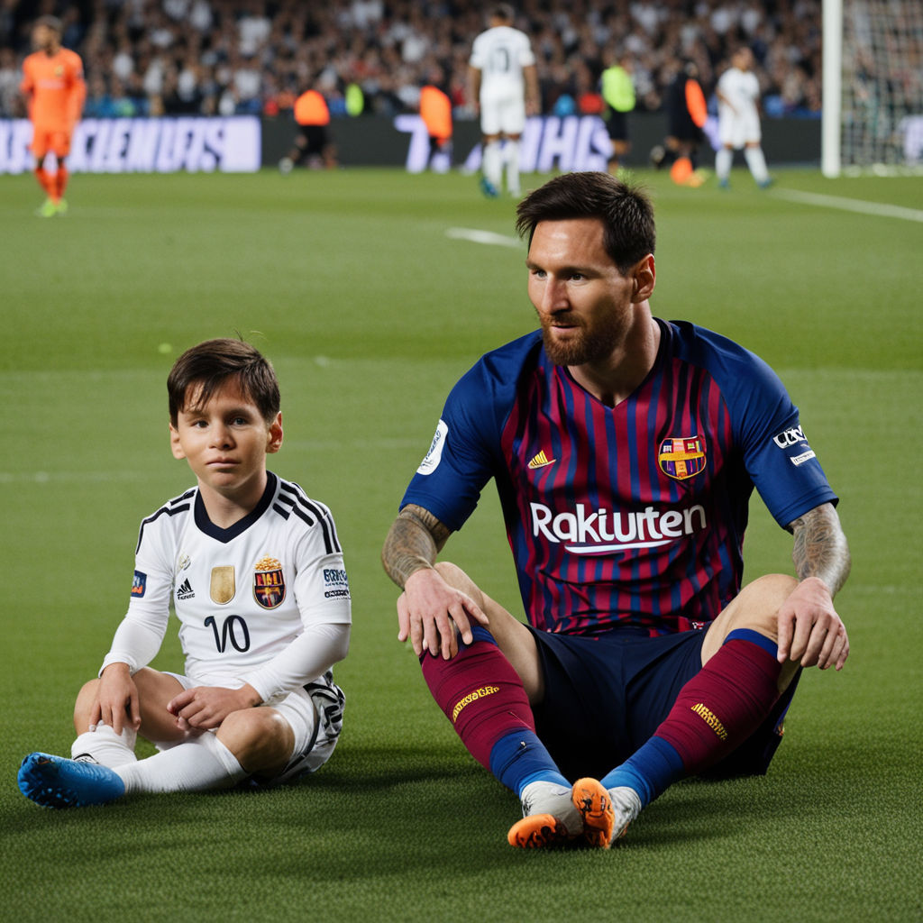 "An iconic photo of Lionel Messi sitting next to his four-ye... by ...