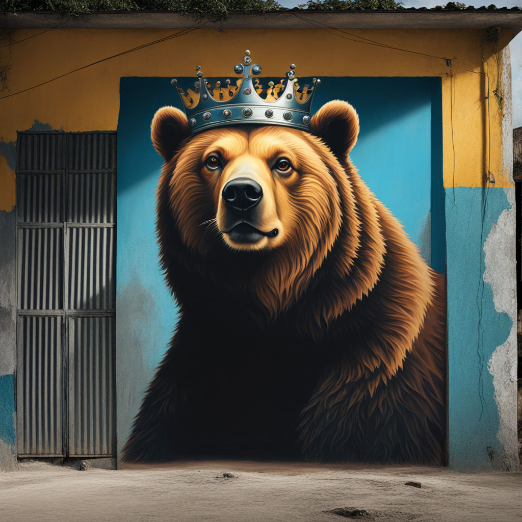 Hyper realistic bear with king crown in the favela by faixa vermelha - Playground