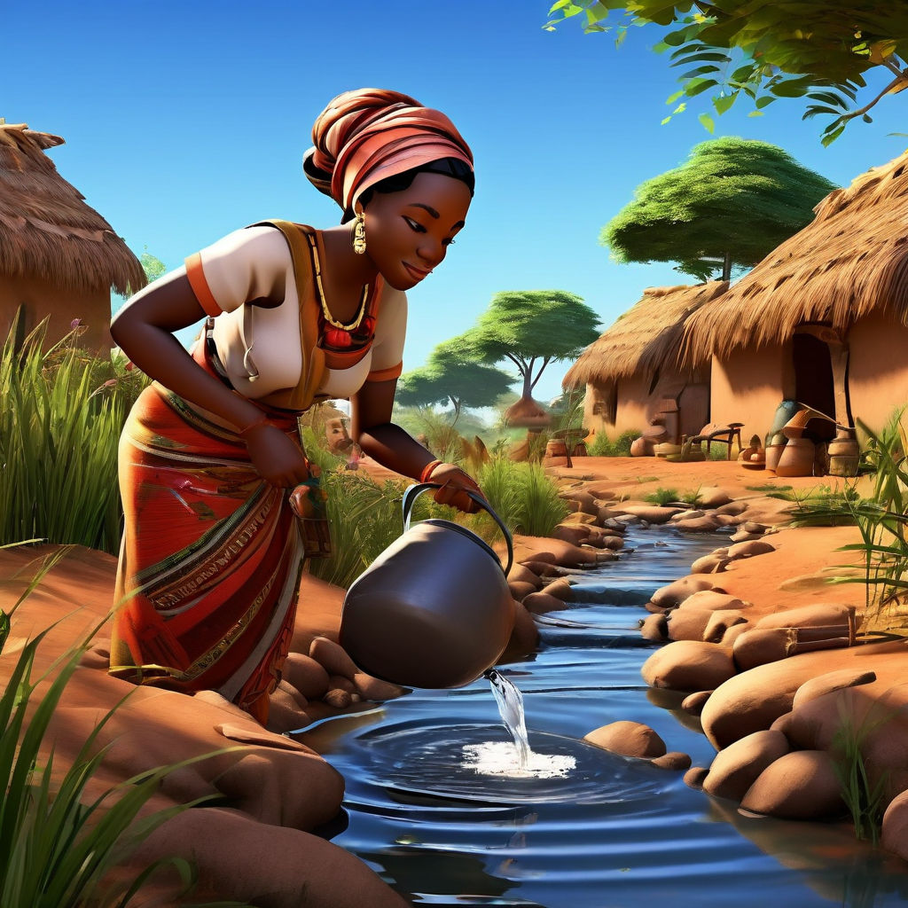 An african village woman fetching water from a stream for he... by ...