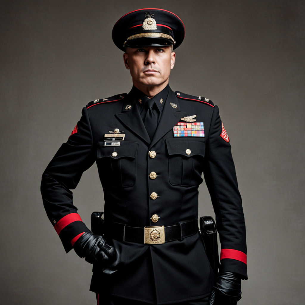 Intimidating military officer in black uniform with red high... by ...