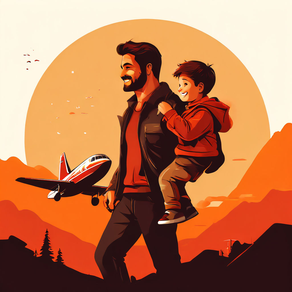 Simple vector graphics. Father carries his son on his back. ... by ...