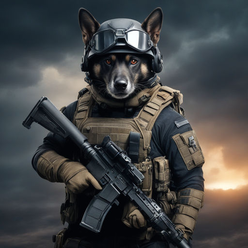 A commando dog wear full military equipment on two legs he w... by ...