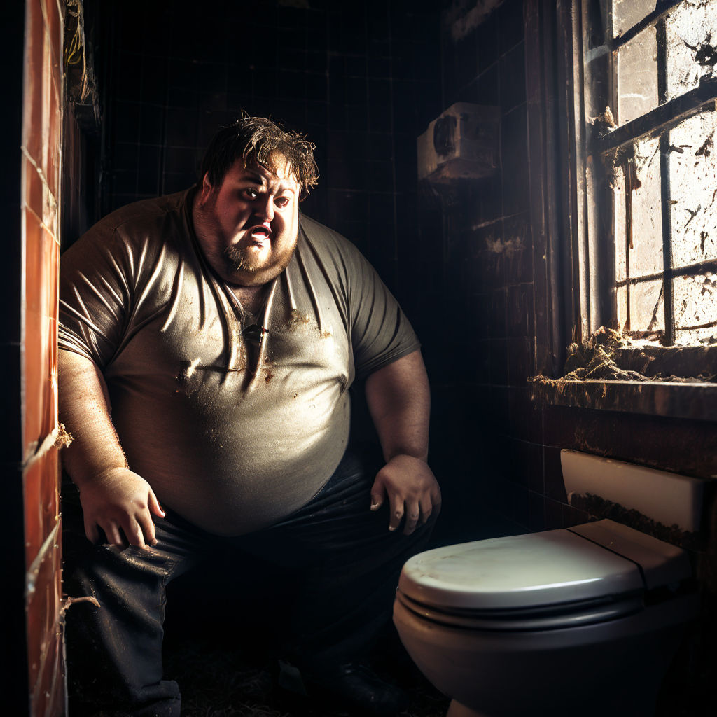 Scared fat man sitting on a toilet in a dirty bathroom with ... by Axl ...