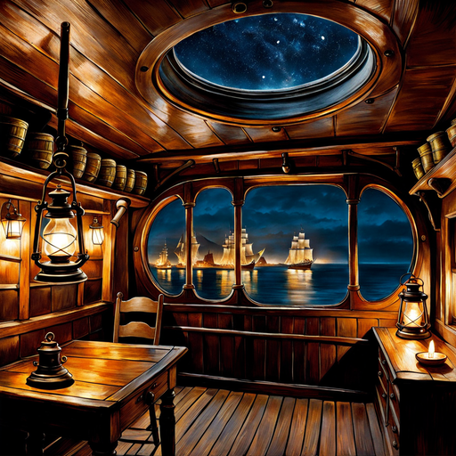 Create a view inside the Captain's cabin on the poop deck of... by ...