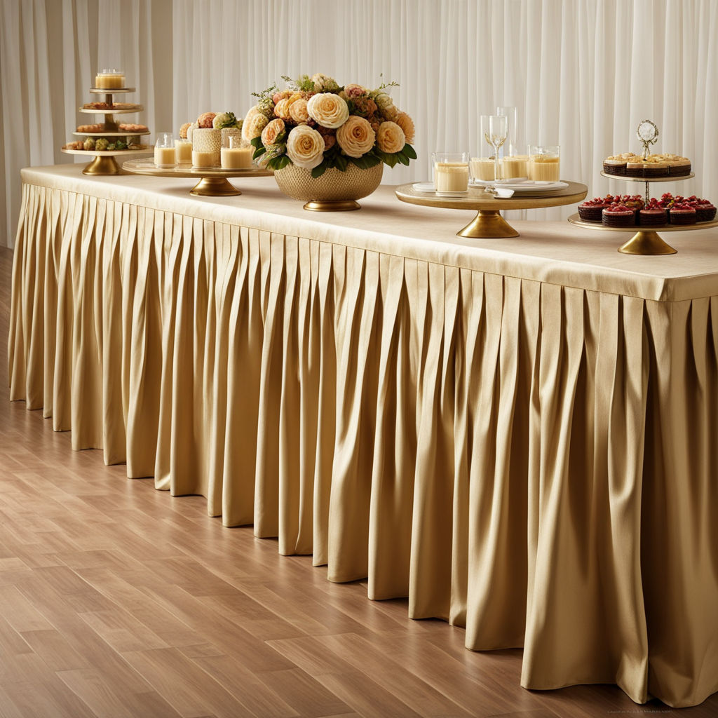 Create a long rectangle table with pleats skirting gold fabr... by Rick ...