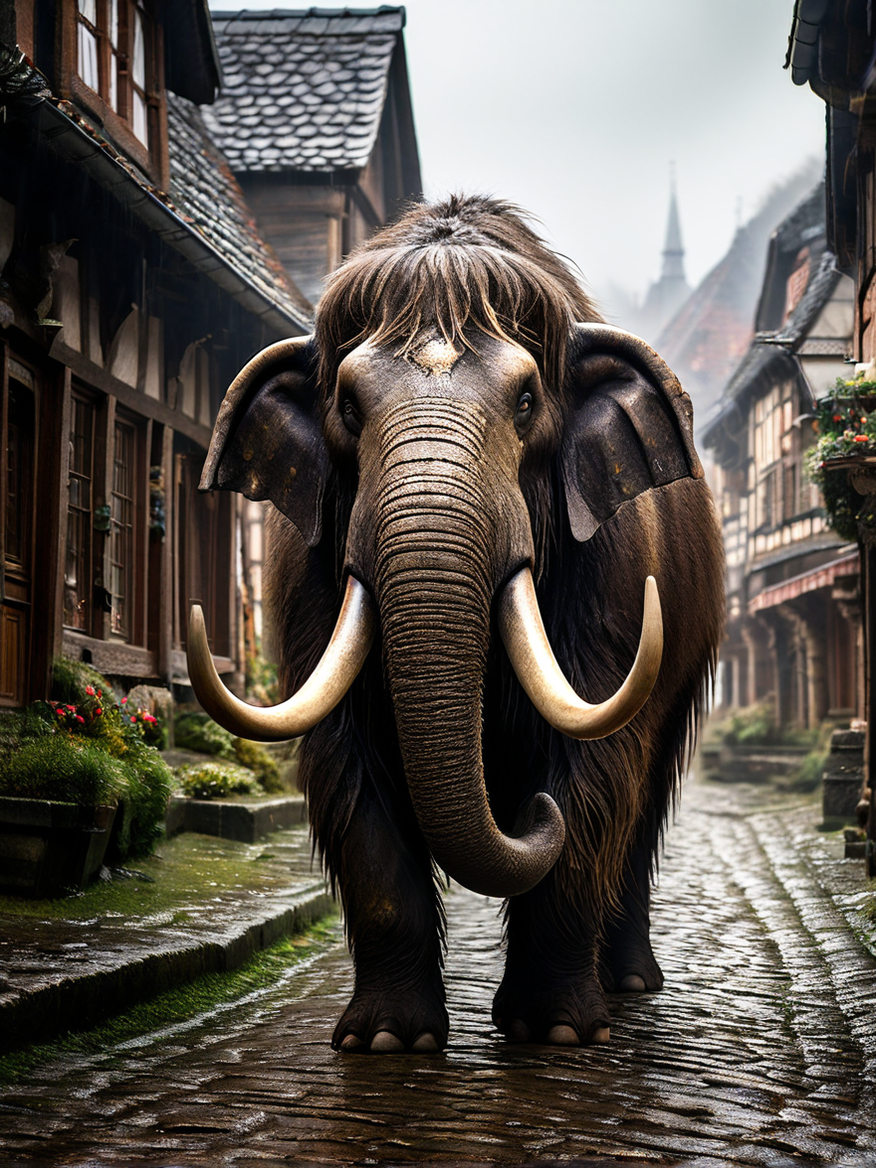 Mammoth walking through the winding streets of a quaint Germ... by ...