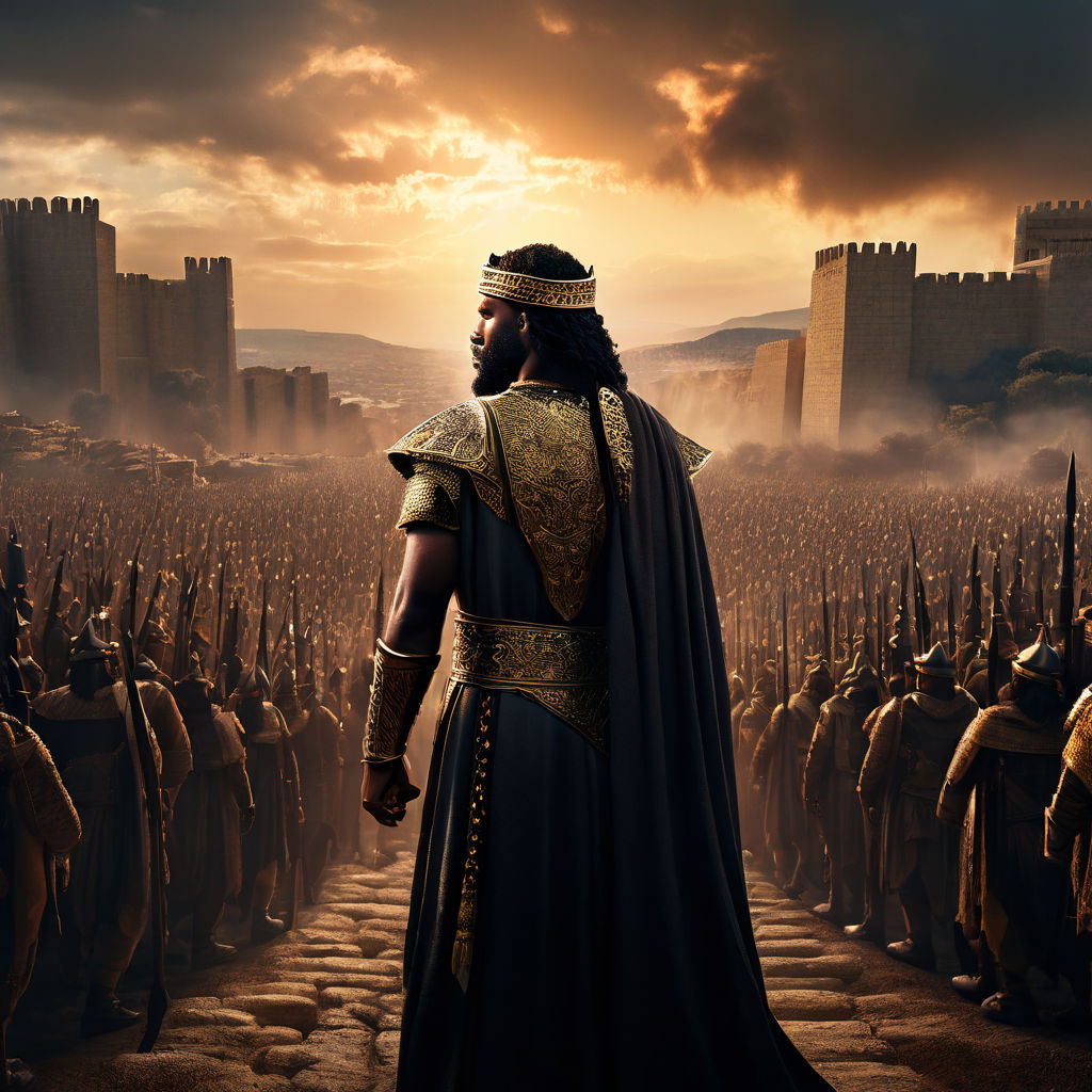 Make a movie scene picture of a black King David by Darryl Miller ...