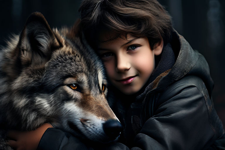13-years-old boy hugging wolf by Papryk99 - Playground