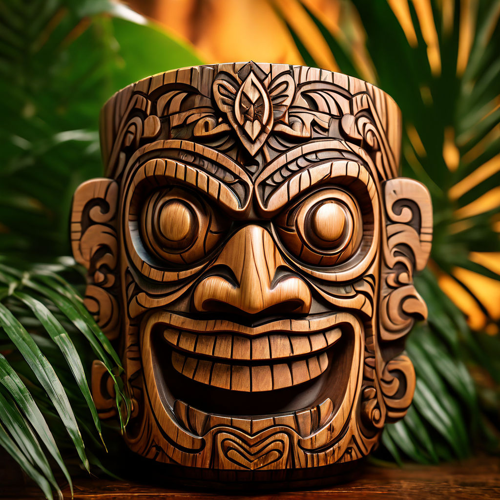 Cartoonish-style wooden tiki head with its tongue sticking o... by ...