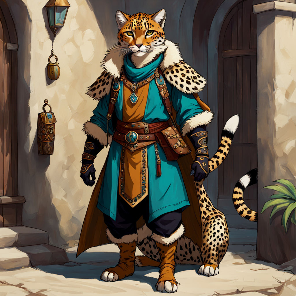 Full body portrait of a Pathfinder 2e Catfolk trader with le... by ...