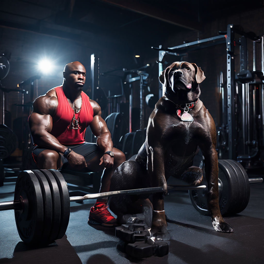 Dog bench pressing in a gym with a barbell by Vegard Øverland - Playground