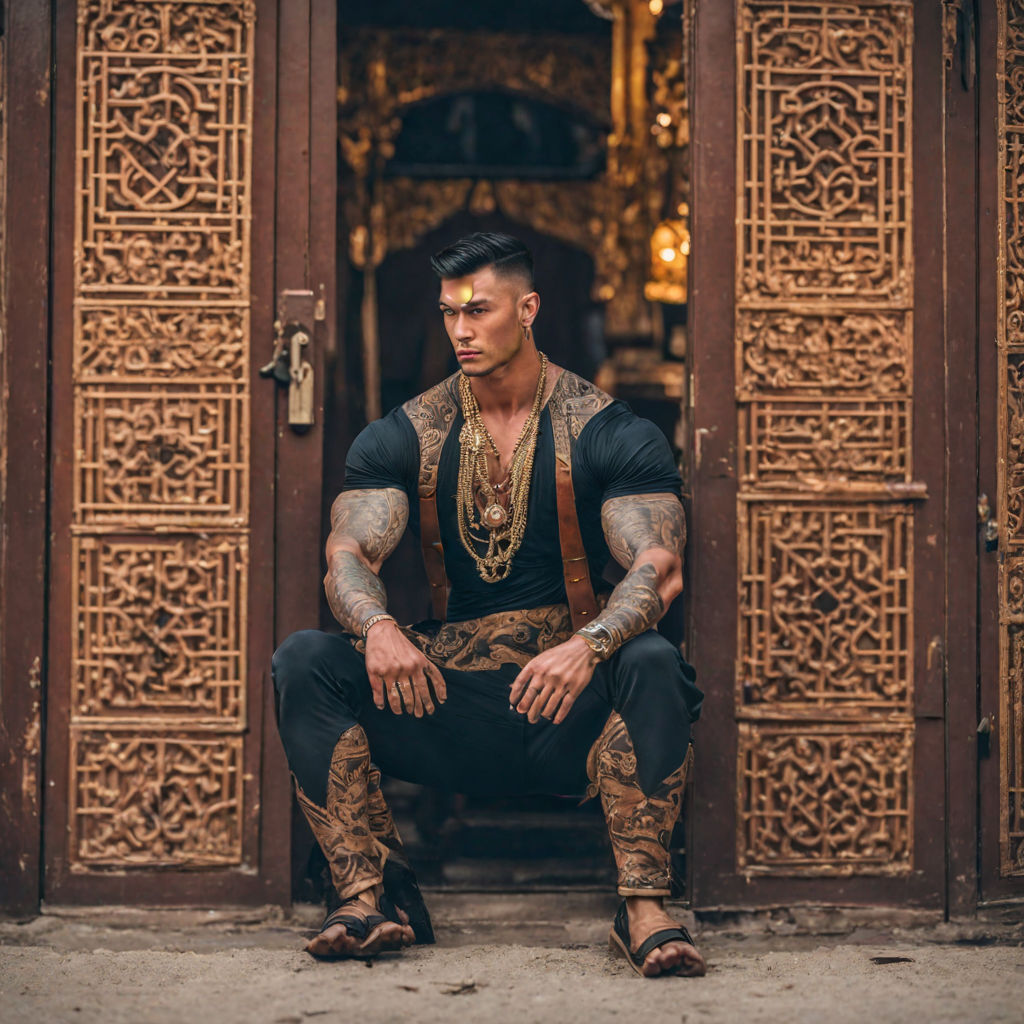 Kung-fu young handsome Mongolian hunk guarding at door by Alex Huang ...