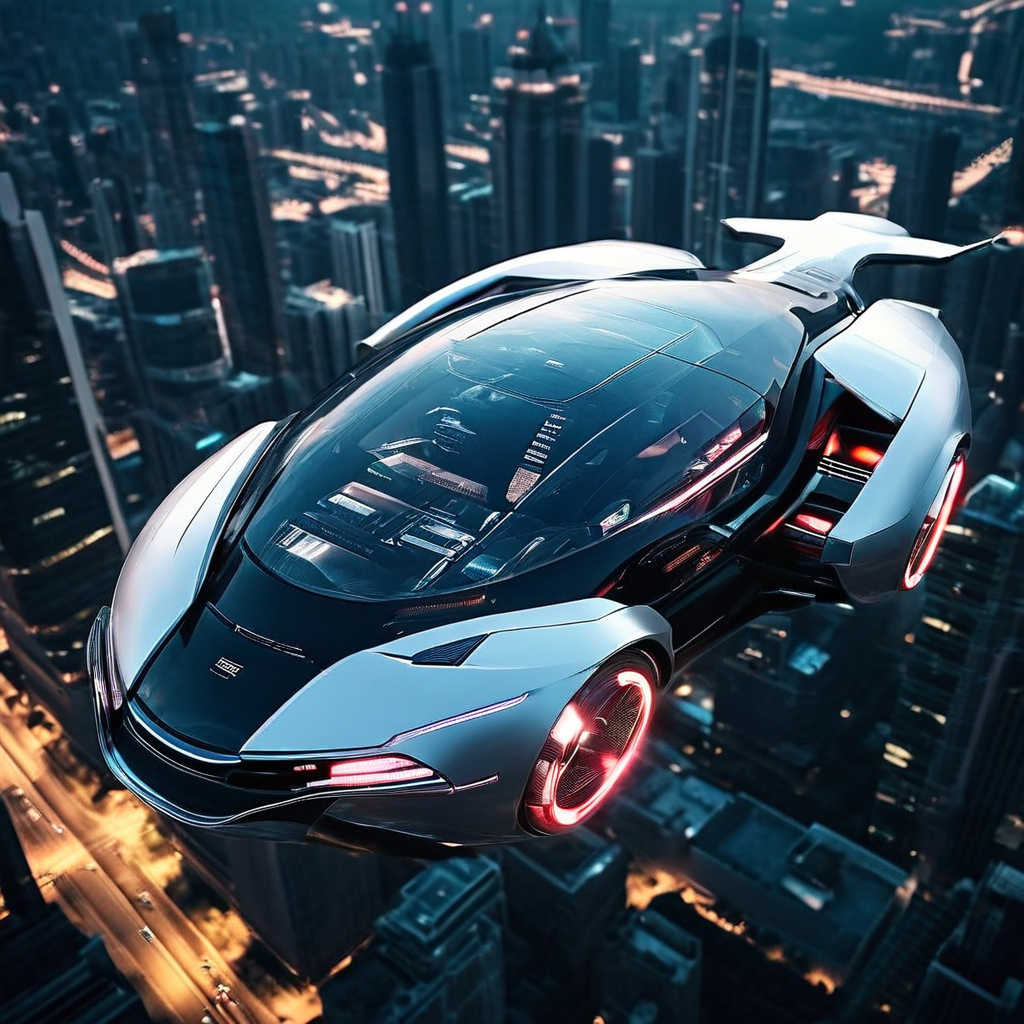 Photo of future flying car in skyscrapers by AI plane - Playground