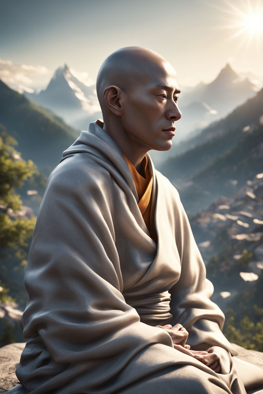 A monk sitting with his back lit by sunlight on top of a mou... by ...