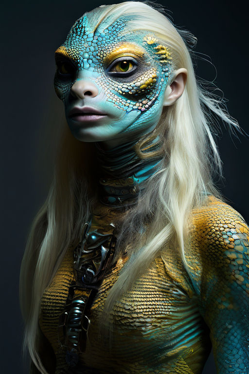 Portrait of a long blonde hair female humanoid lizard alien ... by ...