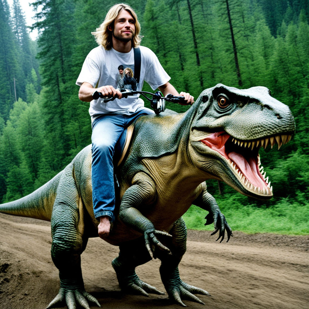 Kurt Cobain riding a T-Rex. by Fabian Cotting - Playground