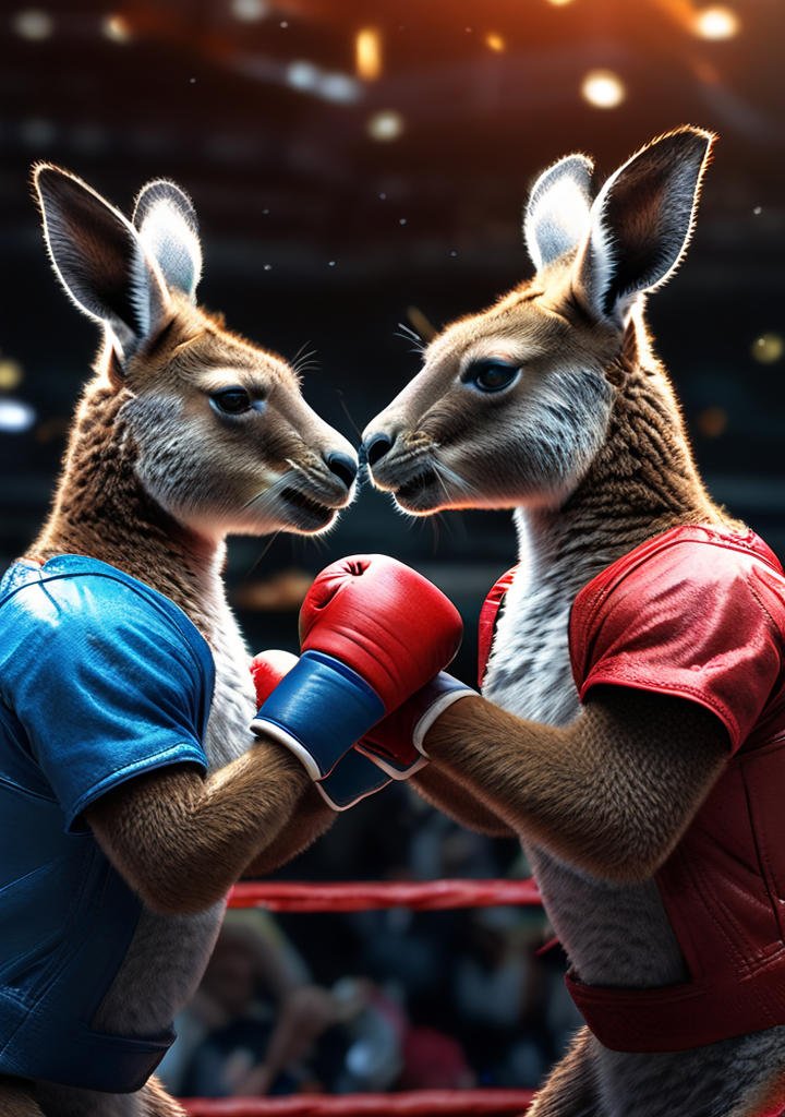 Two kangaroos engaged in a boxing match by Bec Jones - Playground