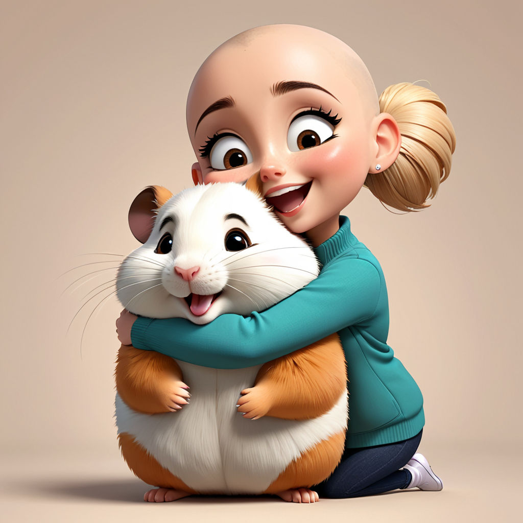 A young bald-headed cartoon woman being hugged by a giant ha... by Sam ...