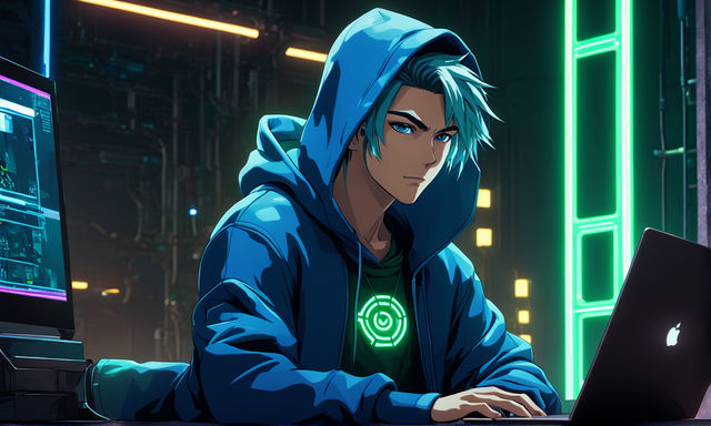 Generate an image of an anime male character sitting behind ... by ...