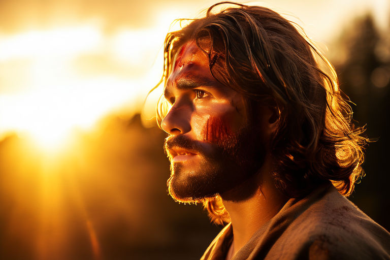 Create photo of Jesus with short hair and bleeding. a golden... by ...
