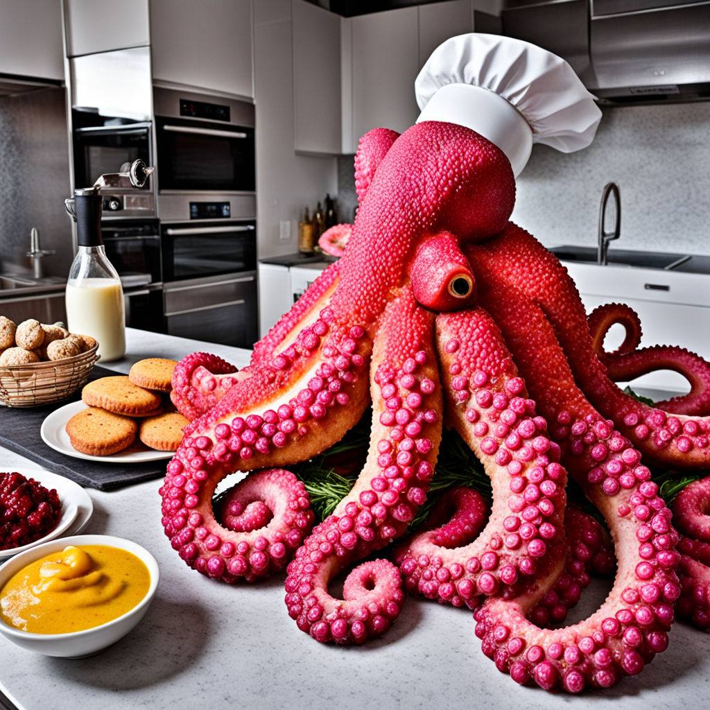 Pulpo rosa cocinando en una cocina. El pulpo es un chef que ... by ...