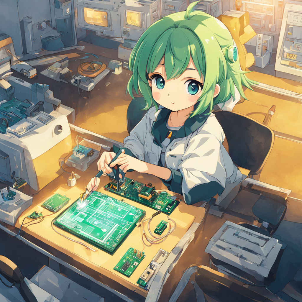 Cute anime girl with green hair is soldering a printed circu... by ...