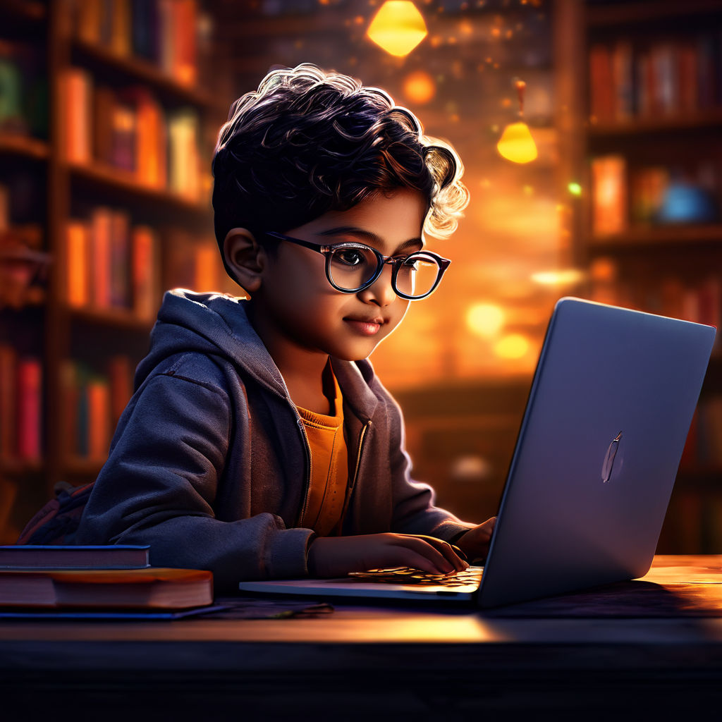 Young Indian child engrossed in a laptop wearing oversized b... by ...