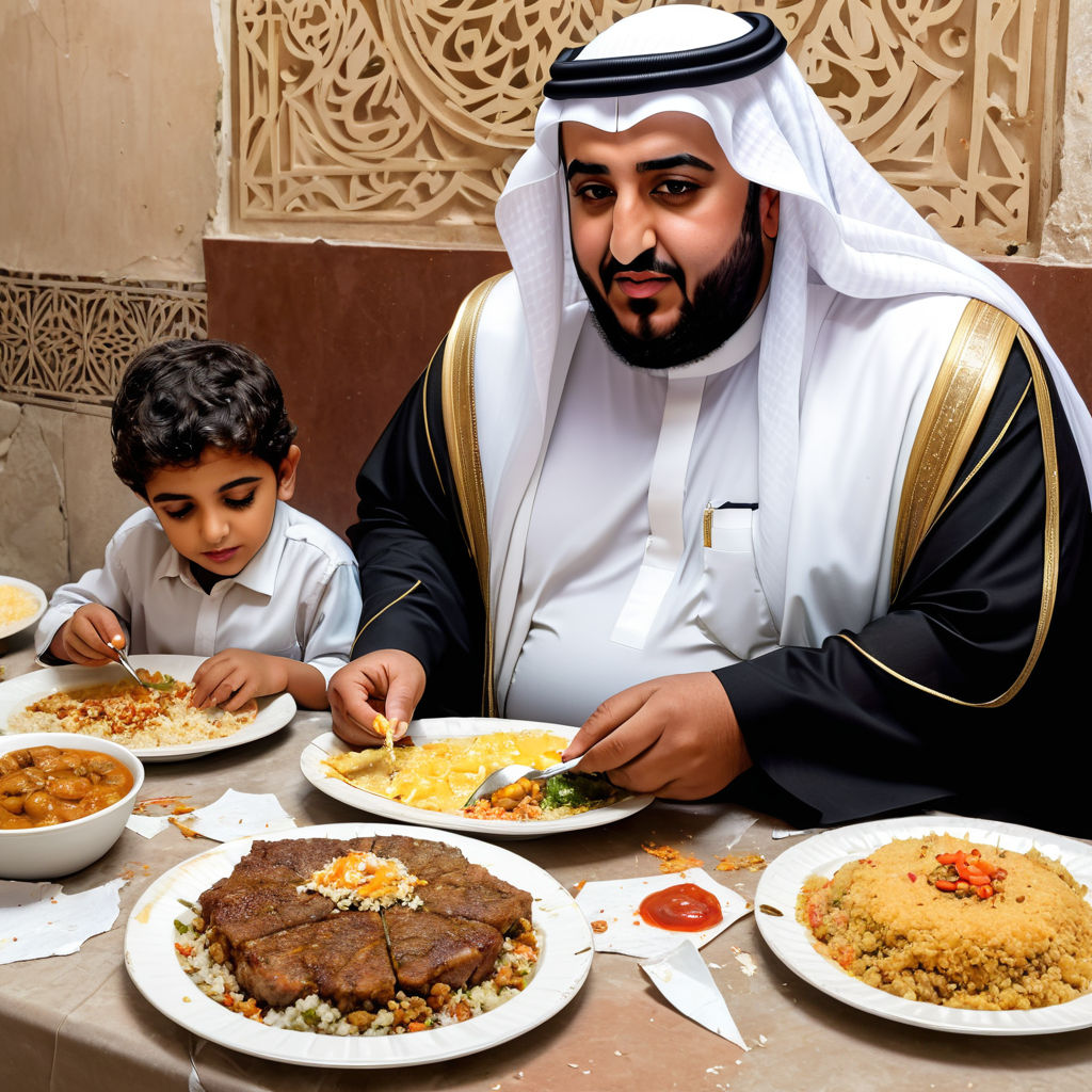 Draw a picture of a fat Arab sheikh eating a large meal buff... by ...
