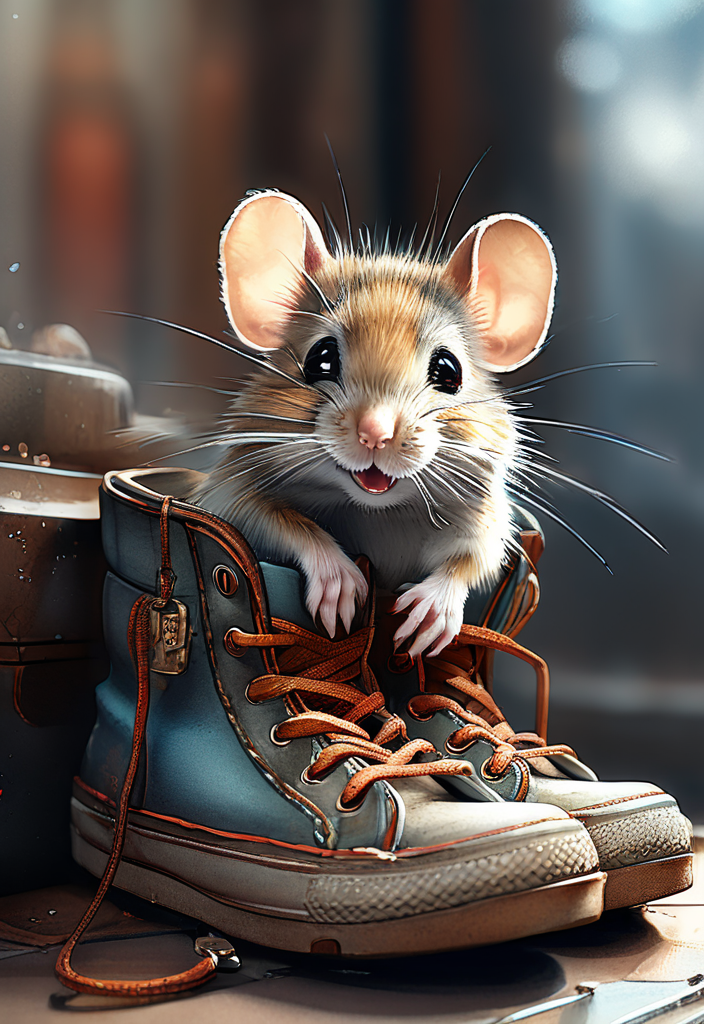 Cute smiling mouse in one shoe by Piia Marjamaa - Playground
