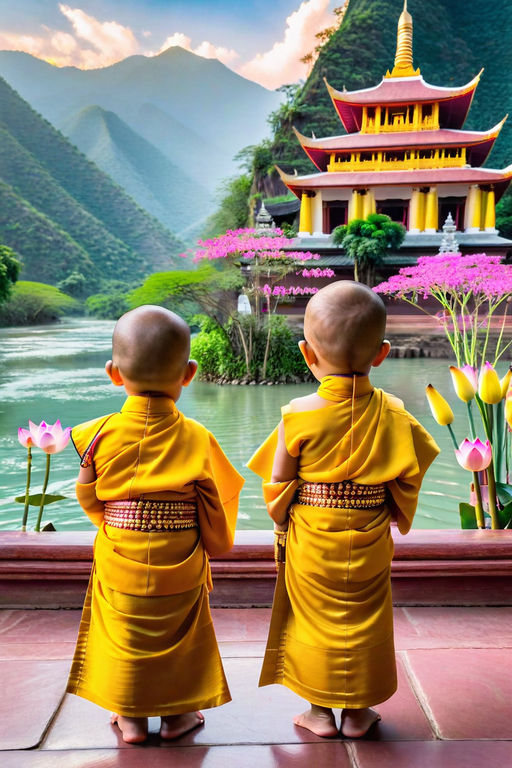Two very cute little monk babies. Seen from behind by ren da long ...