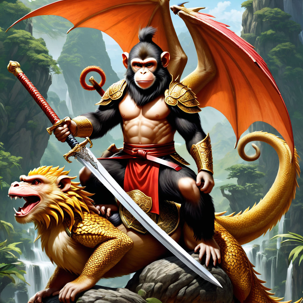 A monkey with a sword sits on a dragon by Bat Bayr - Playground