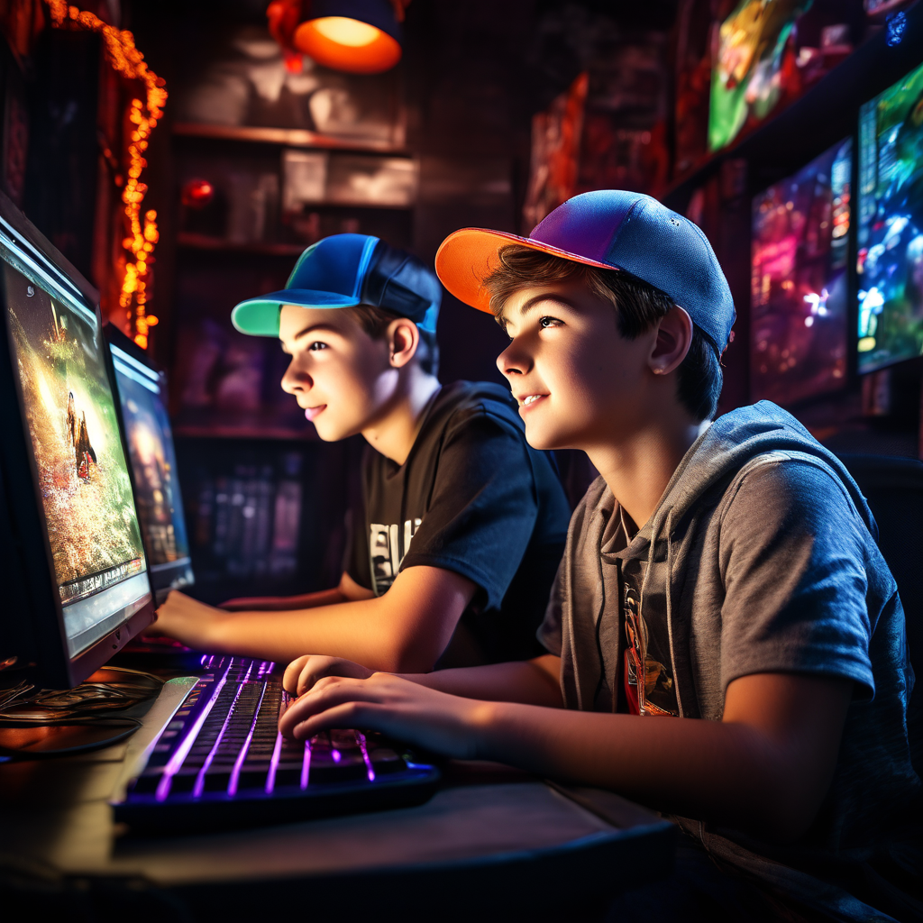 A teenage boy with a cap and his friend are playing computer... by ...