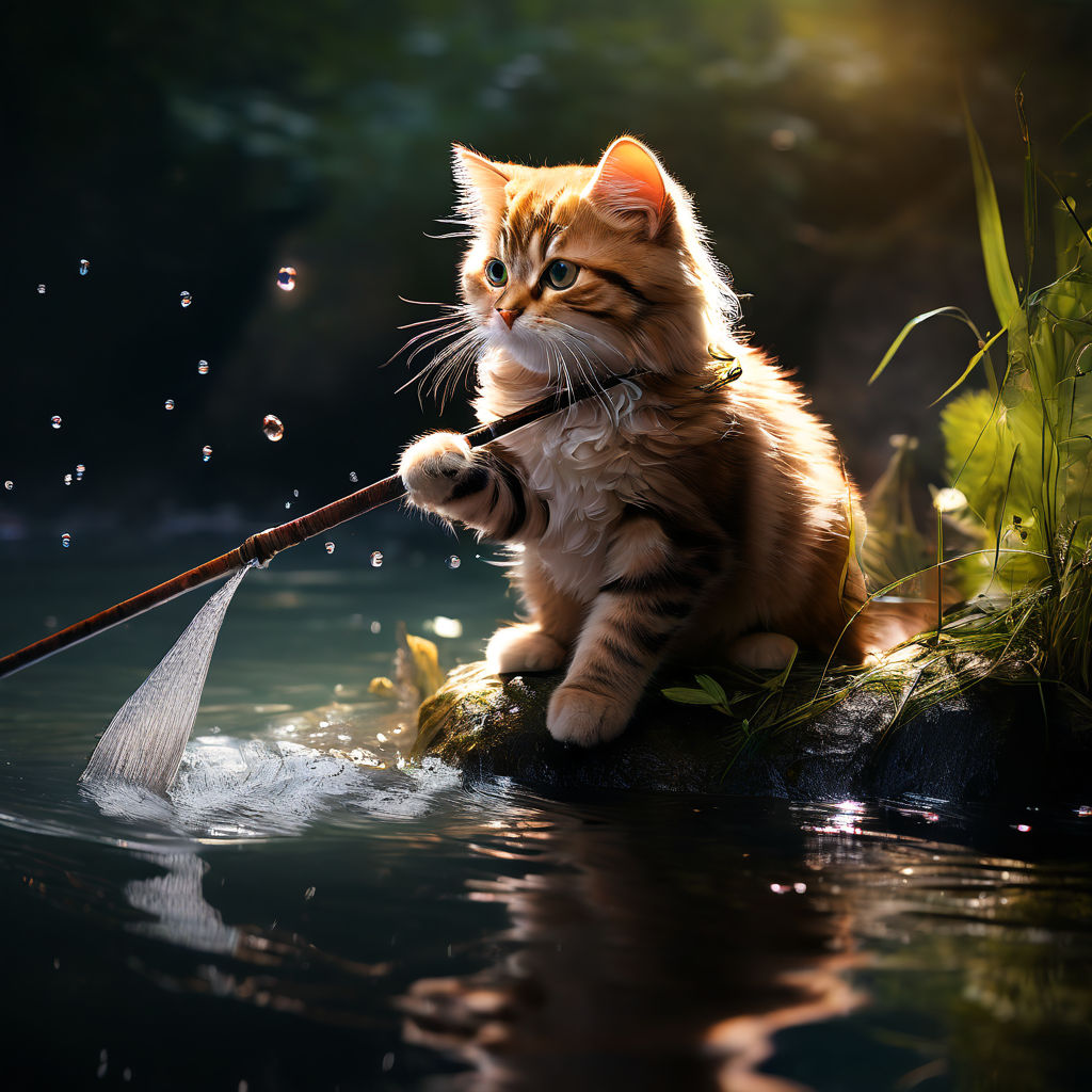 A mother cat is fishing in the river with a spear. by basa bari ...