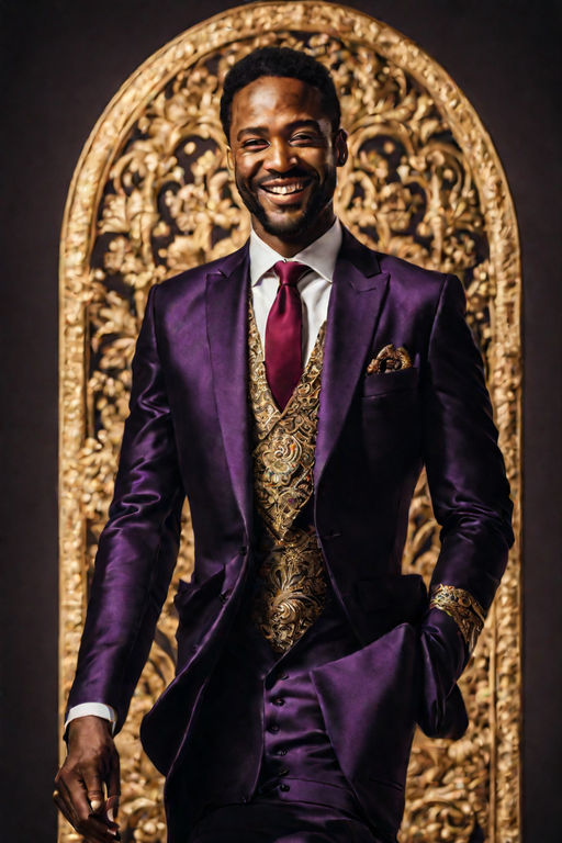 Purple man smiling in a black and gold suit with a red tie by Tysaac ...