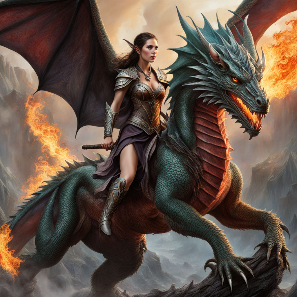 Photo realistic female elf riding a fire breathing "red drag... by ...