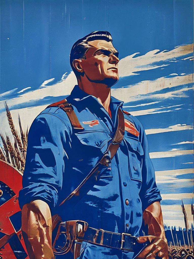 1950s communist propaganda poster featuring a muscular worke... by ...