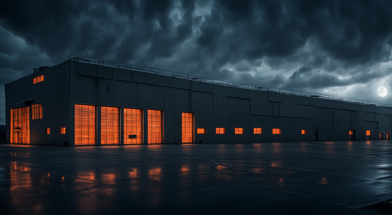 Dark and moody scene. Exterior of a Futuristic sci-fi wareho... by ...
