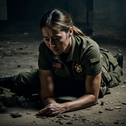 A female soldier with a military polo crying on the ground a... by ...