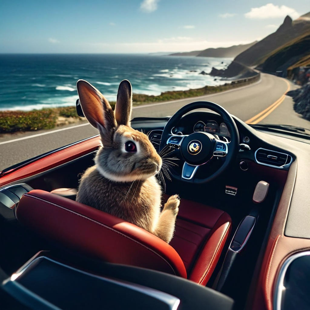 A rabbit om the drivers seat of a porsche convertible drivin... by Sven ...