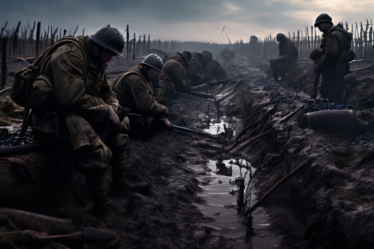 Generate an image depicting a World War I battlefield with s... by ...