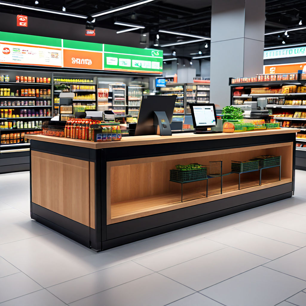 Generate an image of a small supermarket checkout counter as... by ...