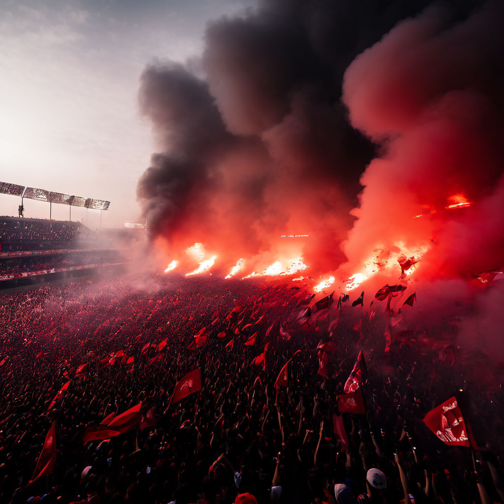 The red crowd carries many small flags and ignites black and... by ...