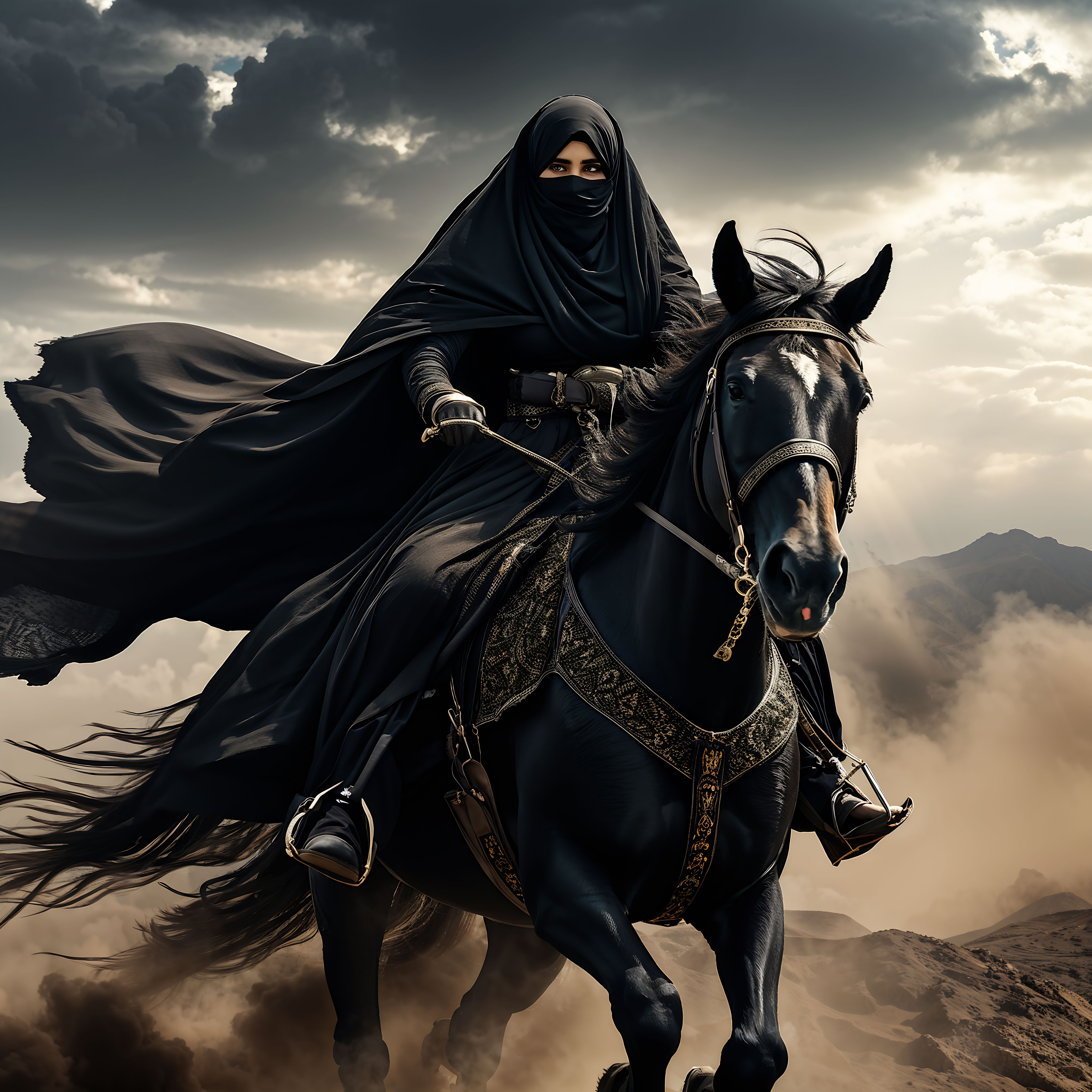 Black burqa women ride on a horse in the sky rapidly with fu... by ...