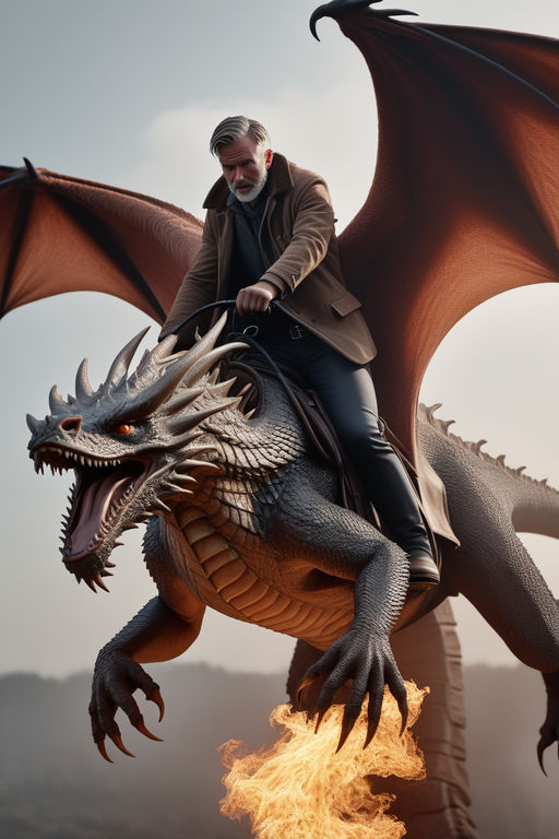 Gritty raw photo of {A Male Huntsman riding a Flying dragon ... by ...